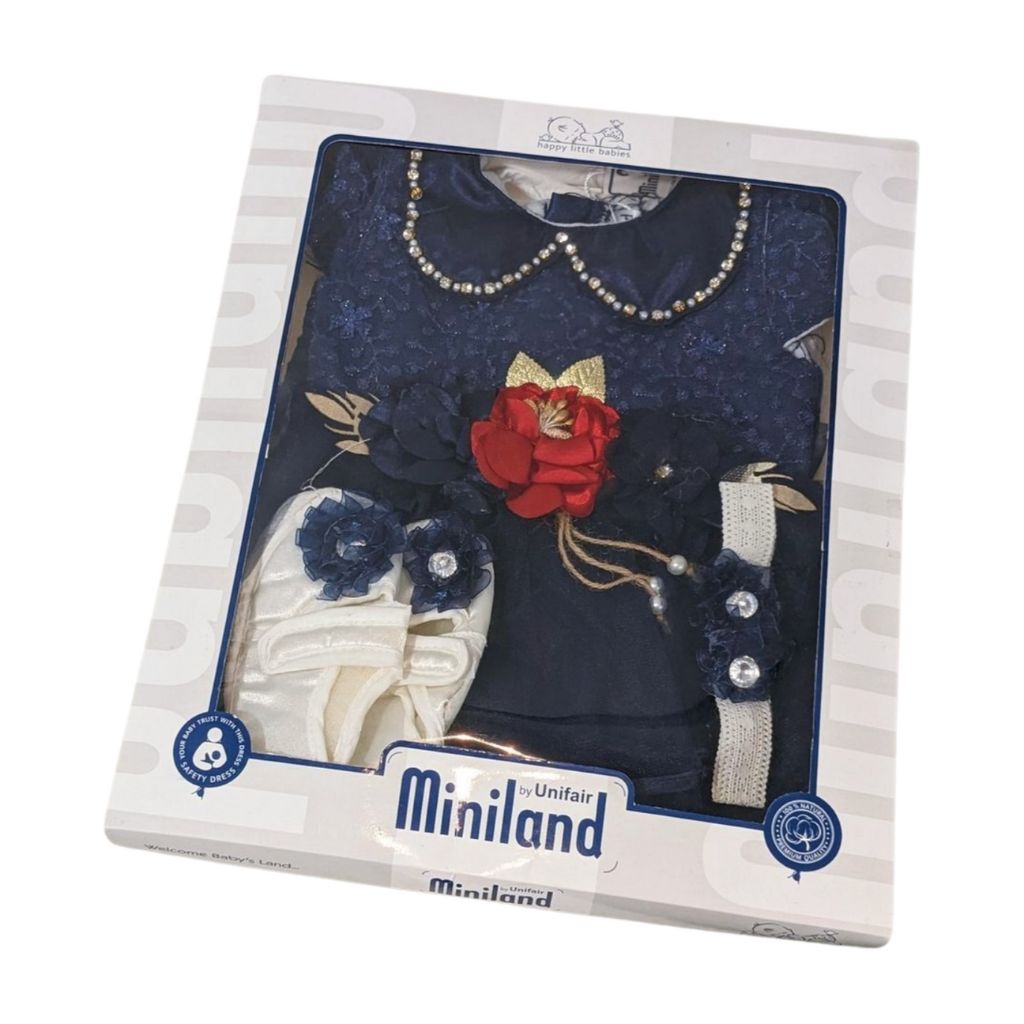 IT-1187 Navy Blue Baby Frock Set – 3-Piece Pearl & Lace – Little Family